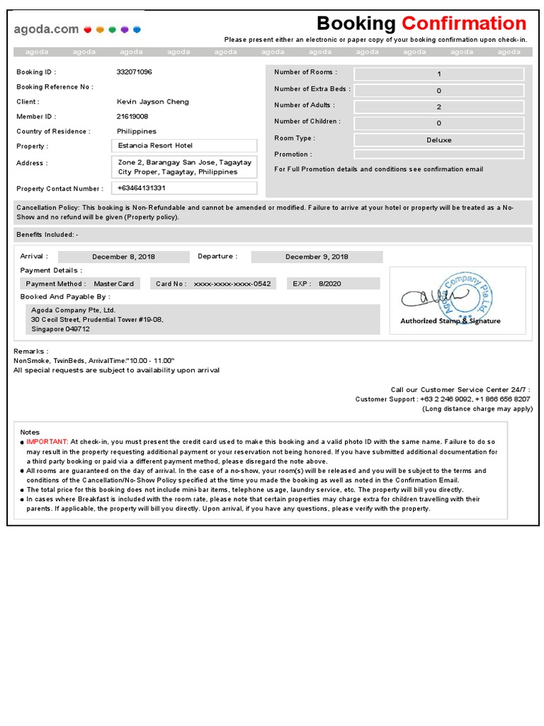 Agoda Booking Confirmation for Estancia Resort | PDF | Credit Card ...
