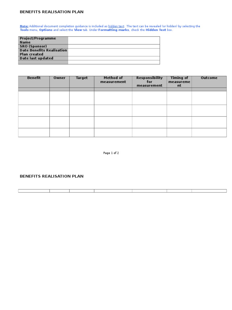 Benefits Realisation Plan: Project/Programme Name SRO (Sponsor) Date ...