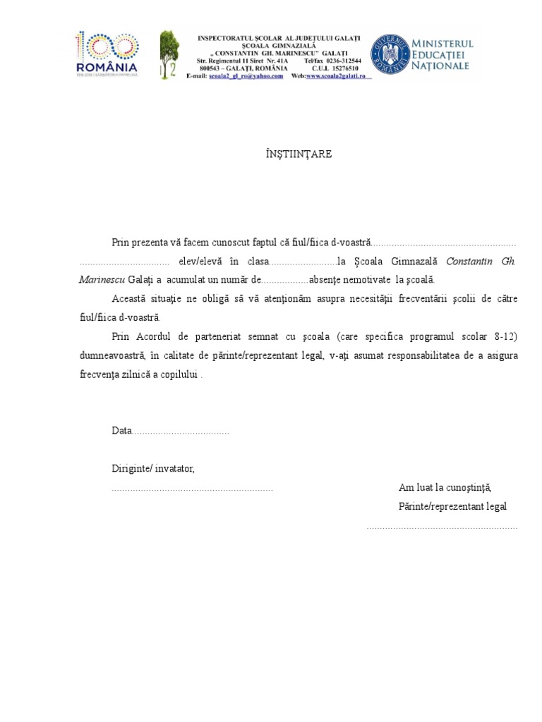 Model Instiintare Absente | PDF