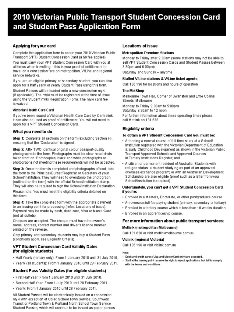 VPT Student Concession Card and Myki Application Forms | PDF ...