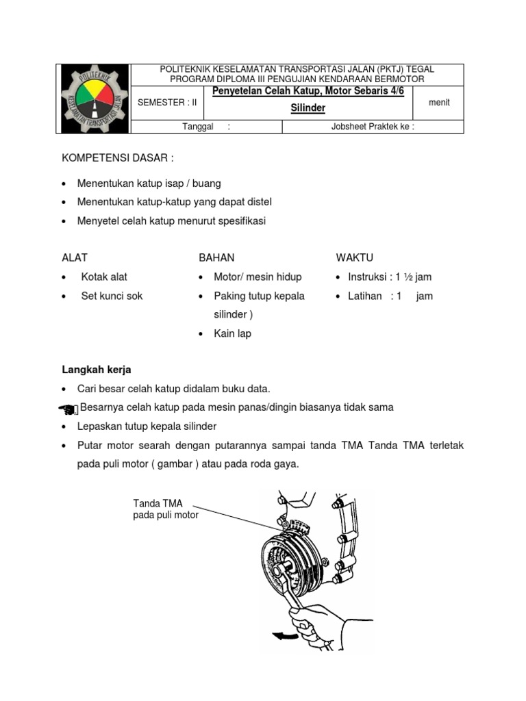 Job Sheet Penyetelan Celah Katup | PDF