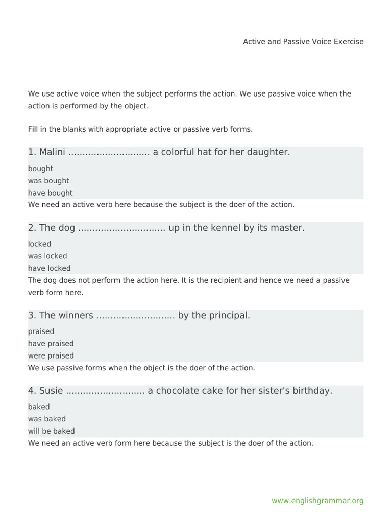 Active and Passive Voice Exercise PDF | PDF | Verb | Grammar