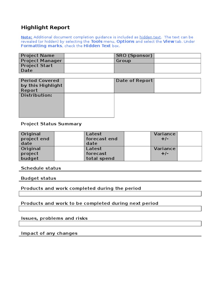 Highlight Report: Tools Options View Formatting Marks, Hidden Text | PDF