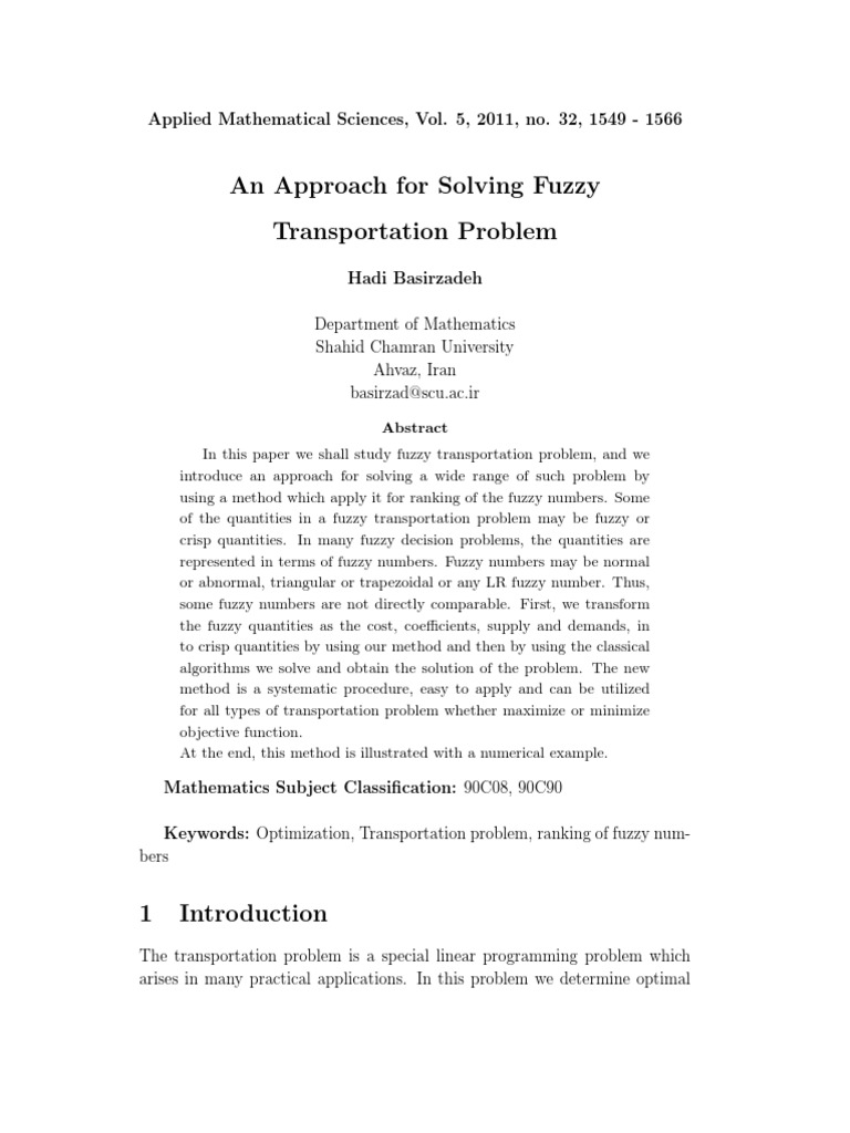 An Approach For Solving Fuzzy Transportation Problem: Applied Mathematical Sciences, Vol. 5 ...