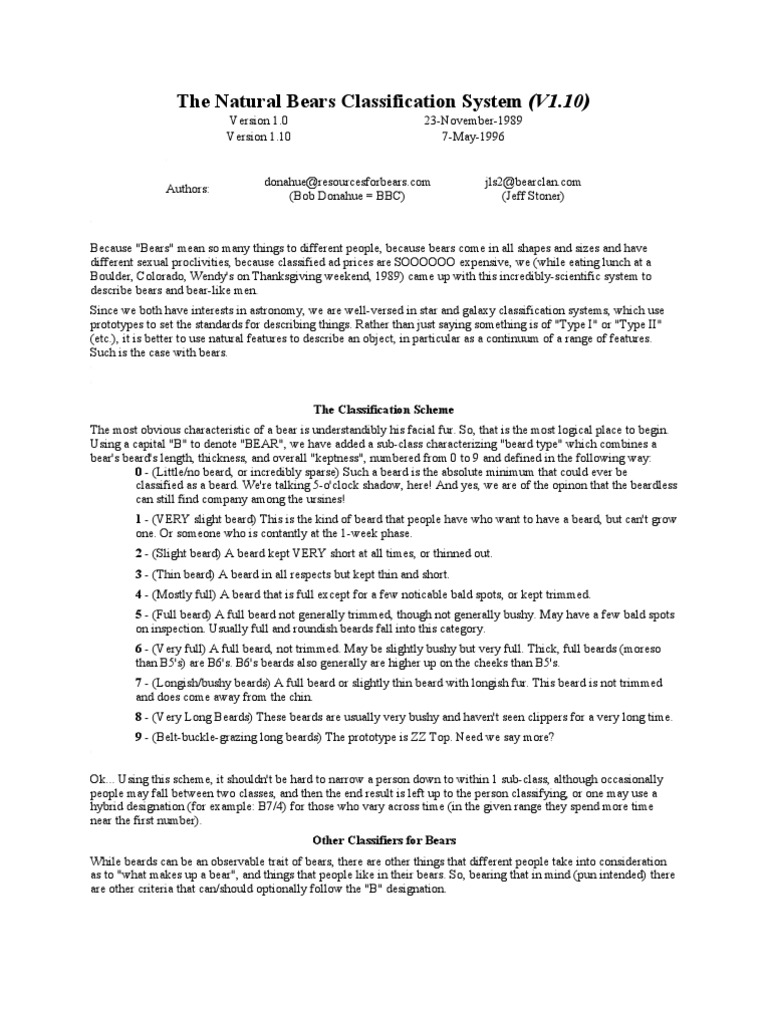 The Natural Bears Classification System (V1.10) | PDF | Bears | Beard