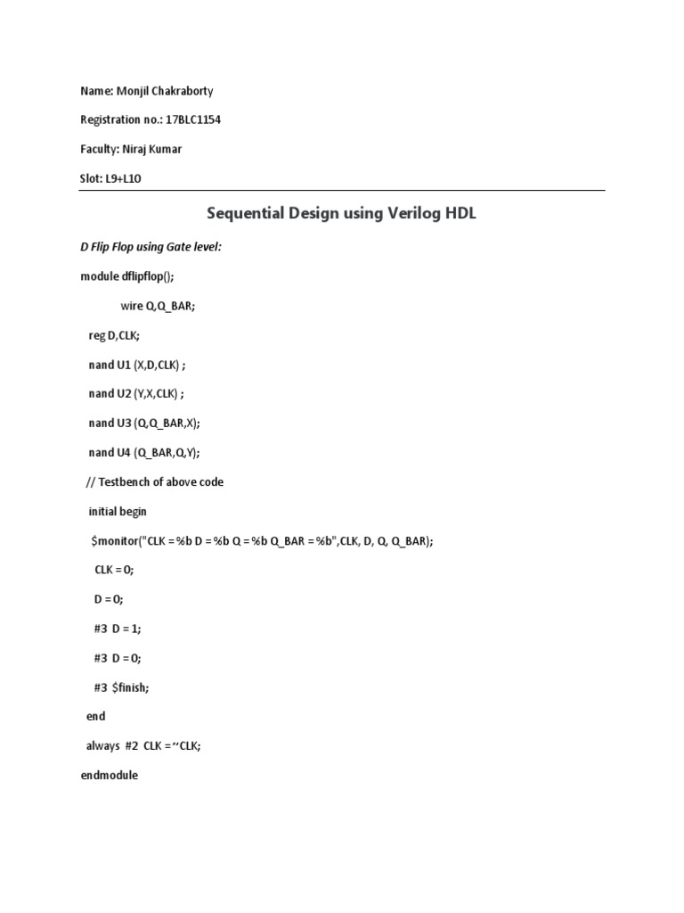 Sequential Design Using Verilog HDL: D Flip Flop Using Gate Level | PDF ...
