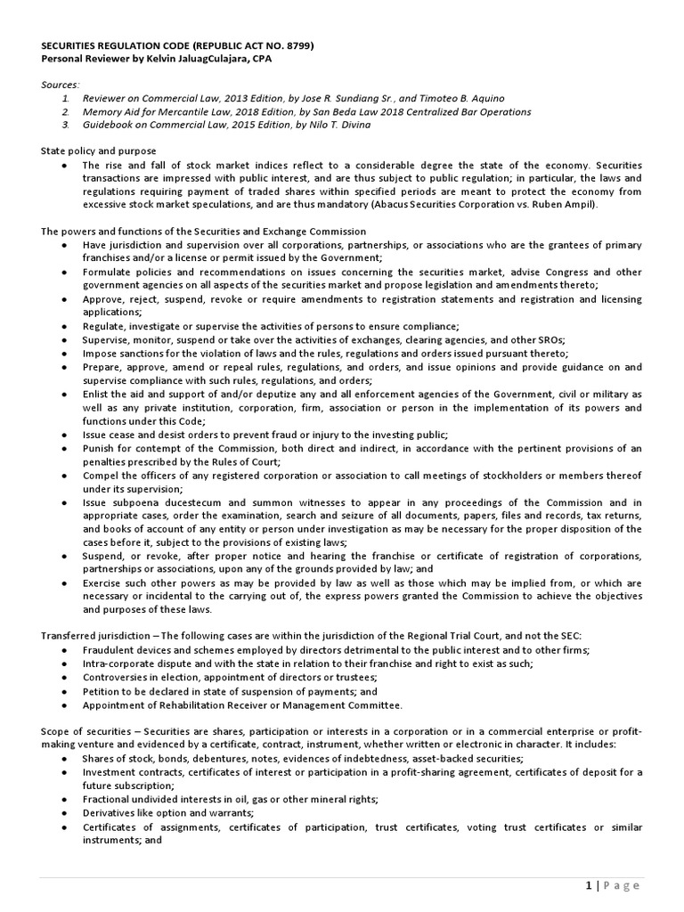 An In-Depth Summary of the Securities Regulation Code and Key Concepts ...