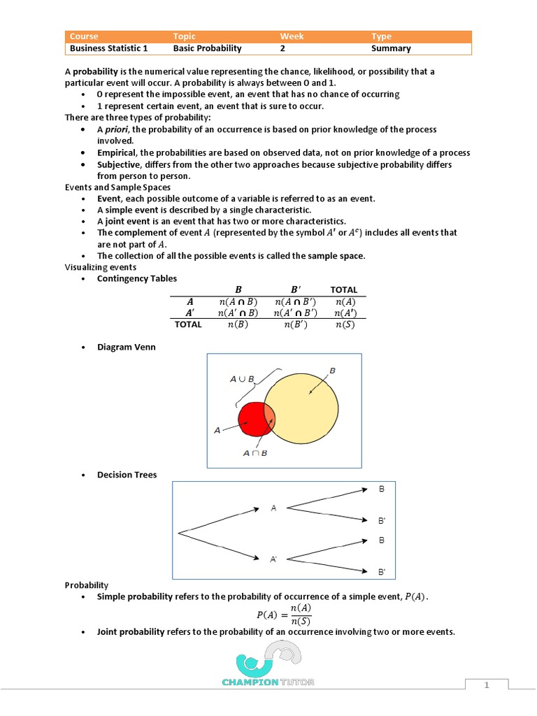 Statbis 1 - Week 2 (Summary) | PDF | Probability | Meal