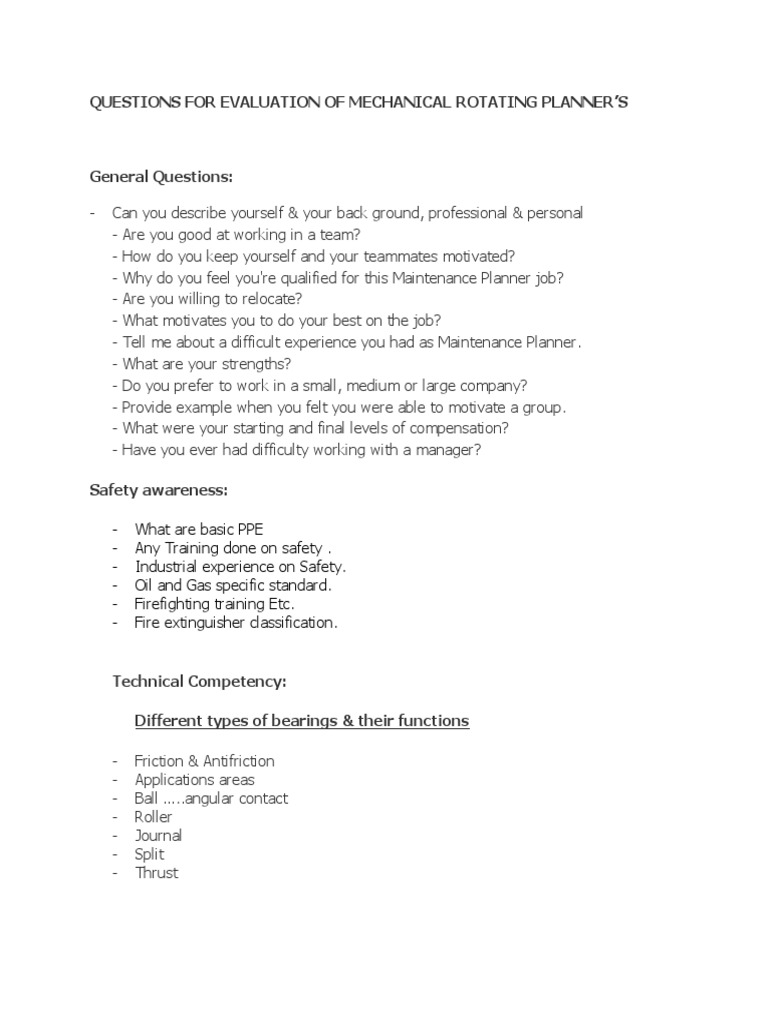 Maint. Planner Interview Questions | PDF | Bearing (Mechanical ...
