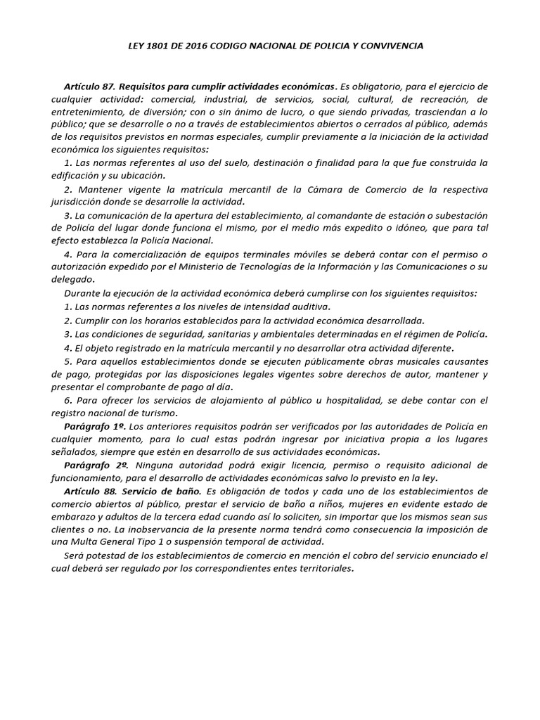 Artículo 87 Ley 1801 De 2016 Pdf Policía Gobierno