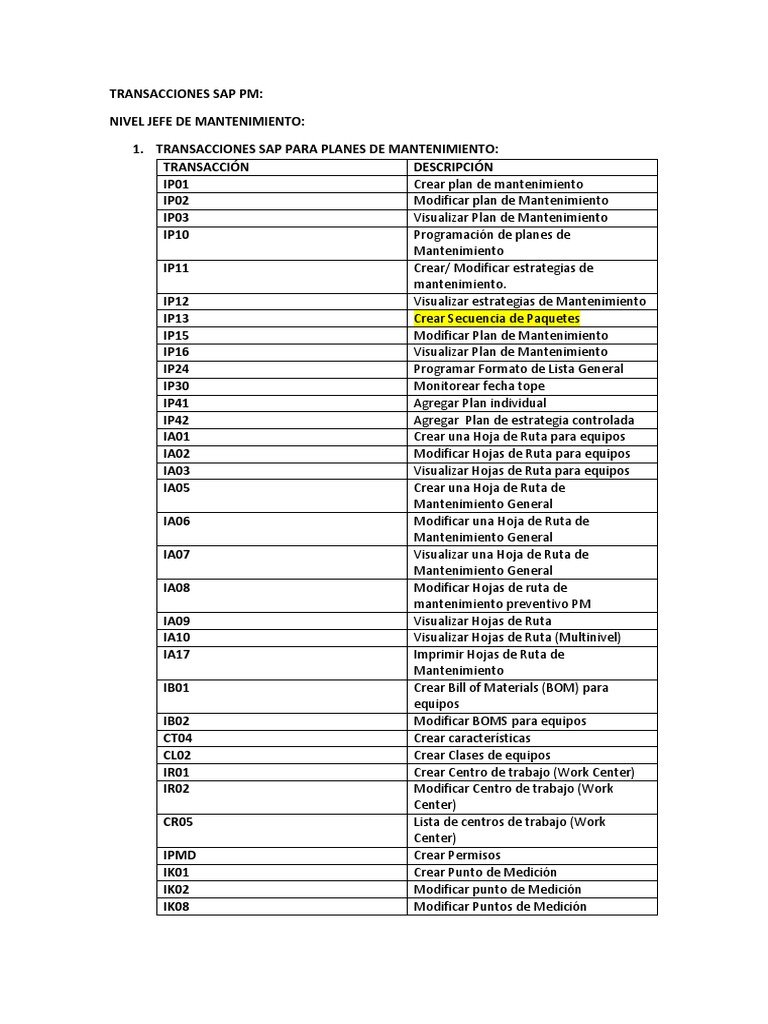 Transacciones Sap Pm | Informática | Tecnología