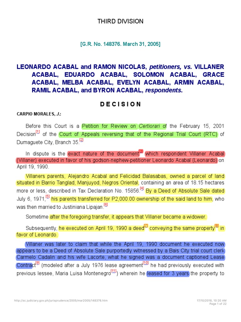 Acabal Vs Acabal - 148376 - March 31, 2005 - J. Carpio-Morales - Third ...