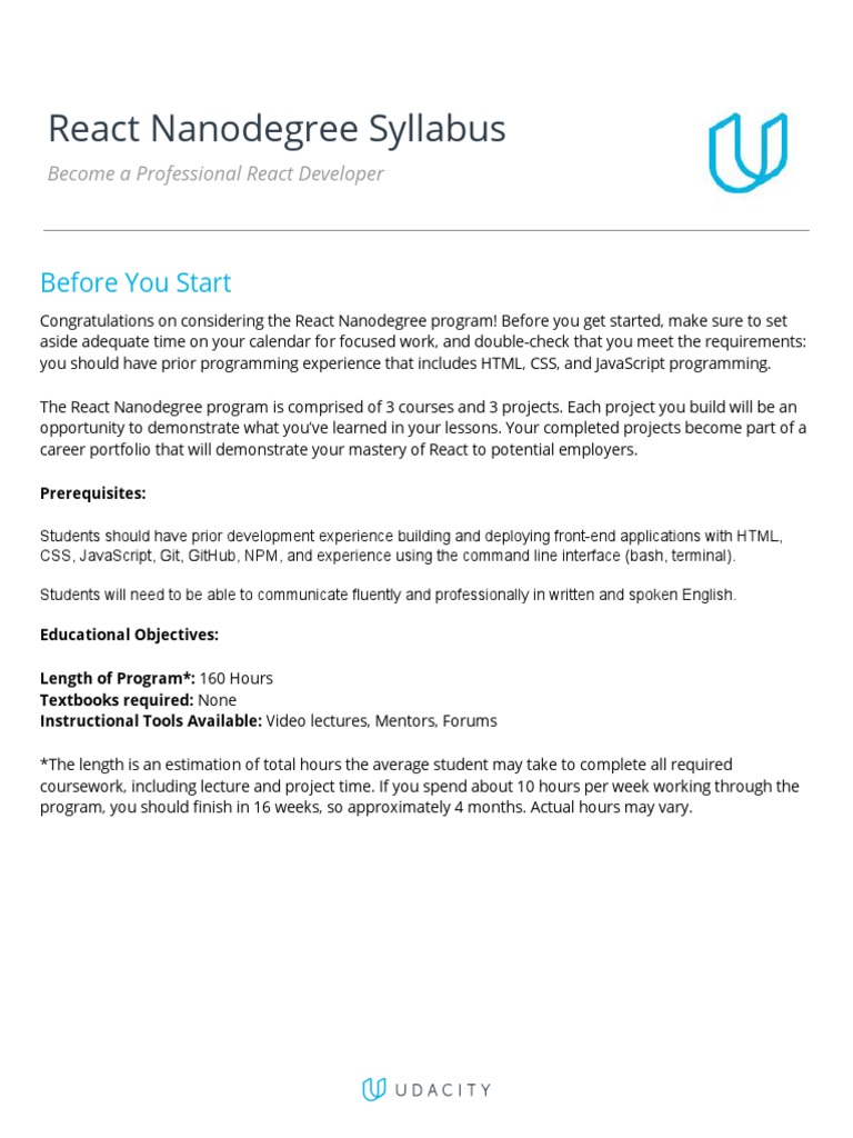 React Nanodegree Syllabus: Before You Start | PDF | Mobile App | Application Software