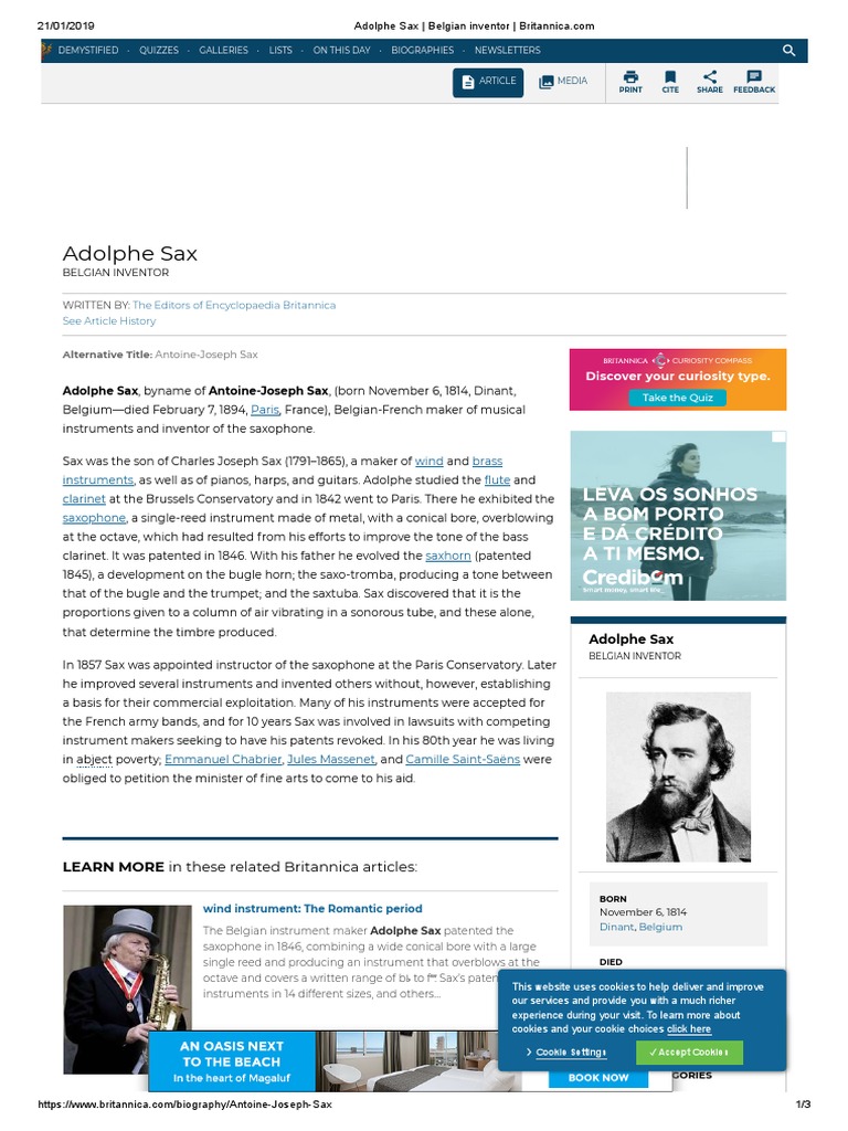 Adolphe Sax - Belgian Inventor | PDF | Saxophone | Musical Instruments