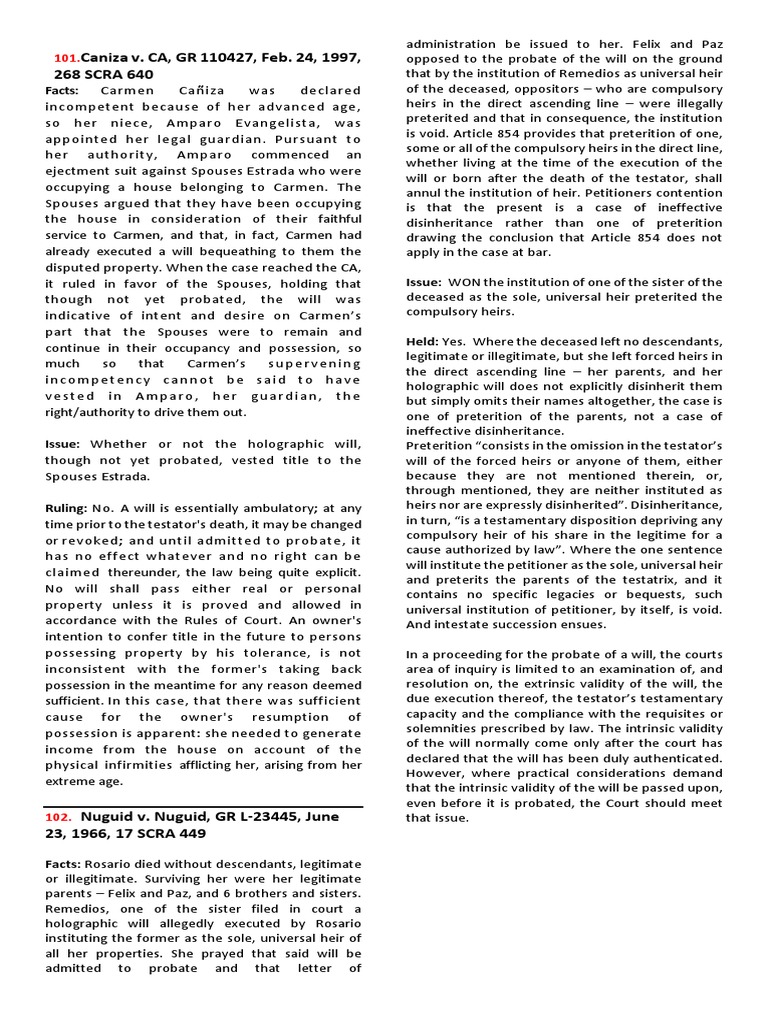 Caniza v. CA upholds preterition of compulsory heirs | PDF | Will And ...