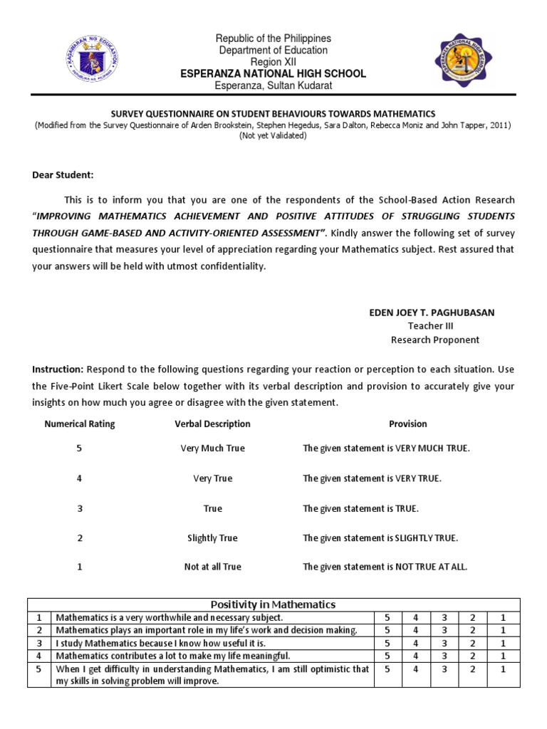 Survey Questionnaire On The Attitudes of Students Towards Mathematics ...