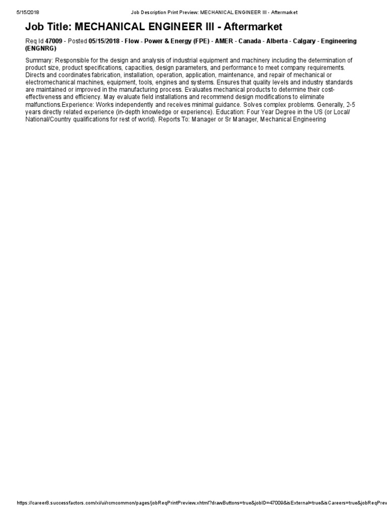Job Description Print Preview - MECHANICAL ENGINEER III - Aftermarket | PDF