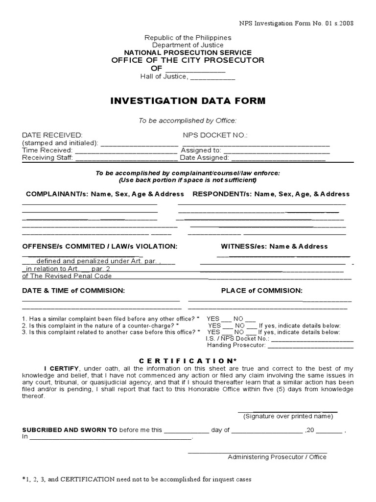 Investigation Data Form | PDF | Prosecutor | Complaint