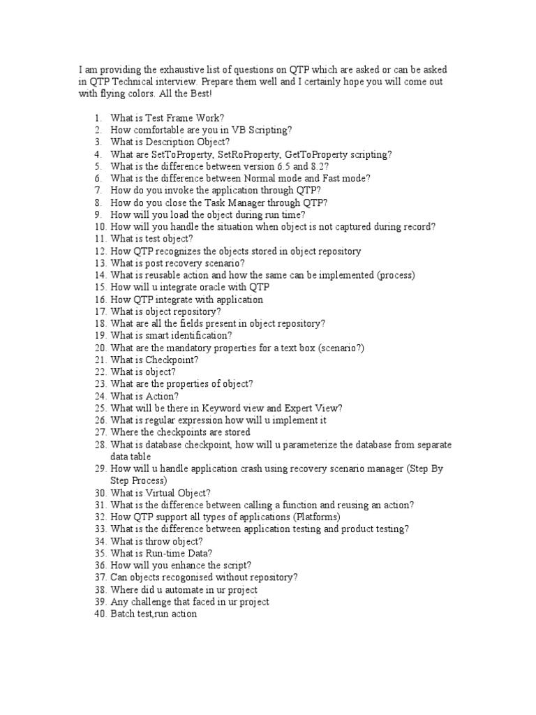 I Am Providing The Exhaustive List of Questions On QTP Which Are Asked or Can Be Asked in QTP ...
