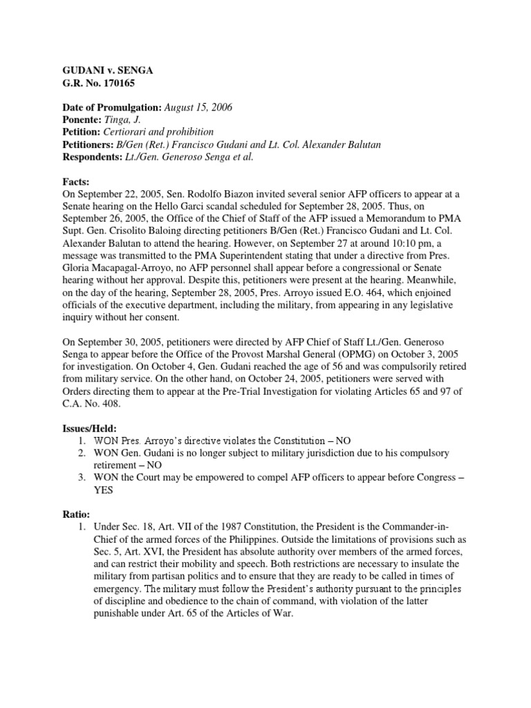 Gudani V Senga (GR No 170165) Digest | PDF | Judiciaries | Executive ...