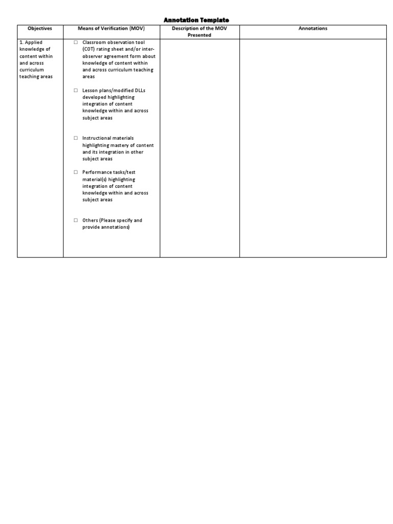 Annotation Template: Objectives Means of Verification (MOV) Description ...