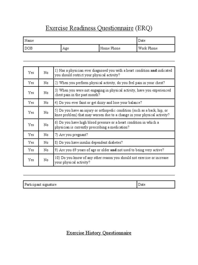 Exercise Readiness Questionnaire | PDF | Anatomical Terms Of Motion ...