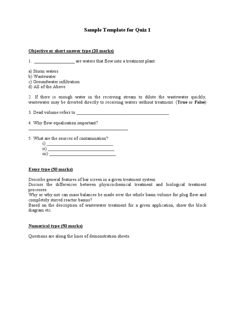 Wastewater Treatment Quiz Template | PDF | Teaching Methods & Materials ...