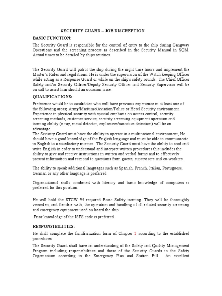 JD - Security Guard | PDF | Security Guard | Business