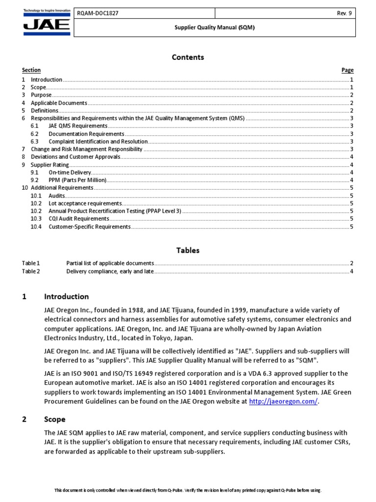 JAEOR Supplier Quality Manual | PDF | Iso 9000 | Quality Management System