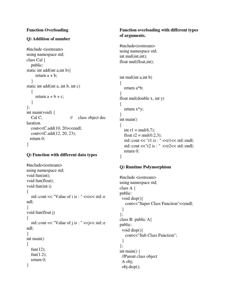 Function Overloading Q Addition Of Number Function Overloading With Different Types Of