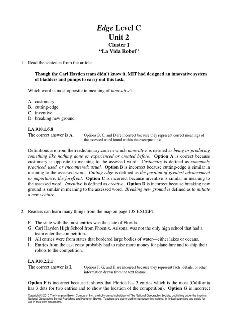 Edge Level C Unit 2 Cluster 1 NGSSS Aligned Assessment - Teacher | PDF