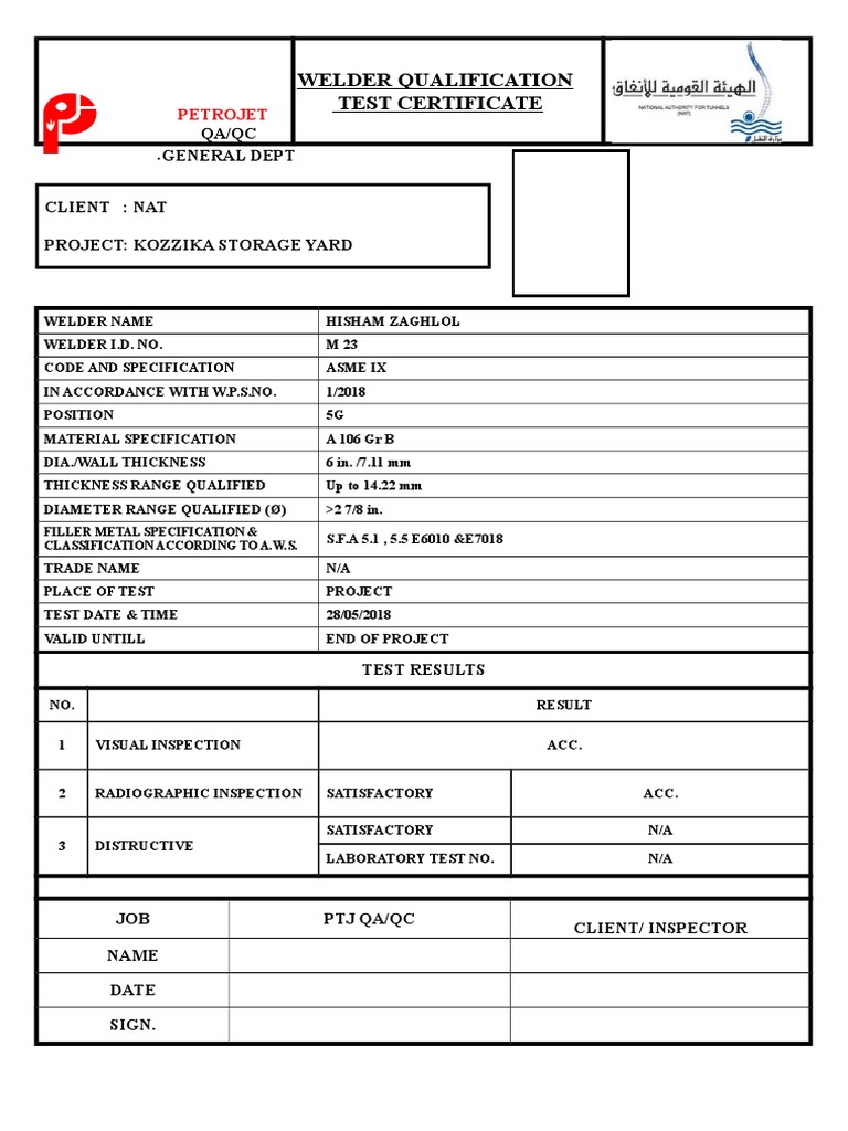 Welder Qualification Test Certificate: Petrojet | Download Free PDF ...