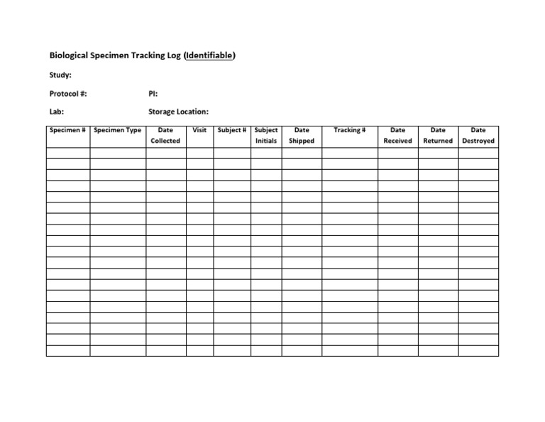 Biological Specimen Tracking Log (Identifiable) : Study: Protocol #: PI ...