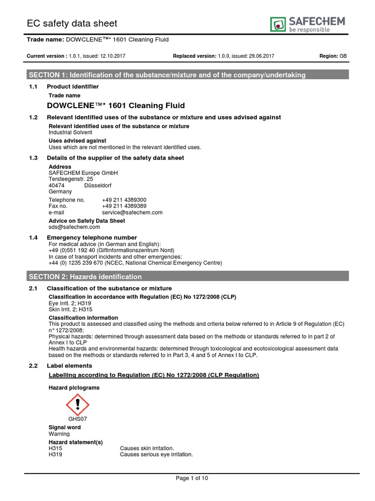 Dowclene Msds 1601 | PDF | Toxicity | Personal Protective Equipment