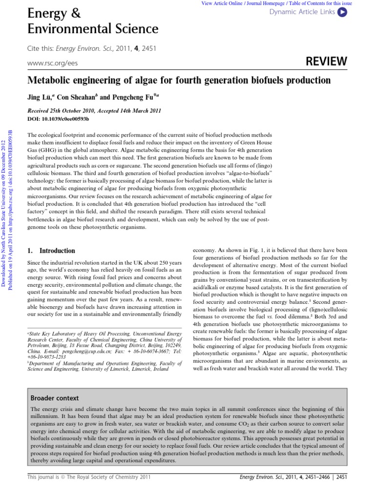 Metabolic Engineering of Algae For Fourth Generation Biofuels ...