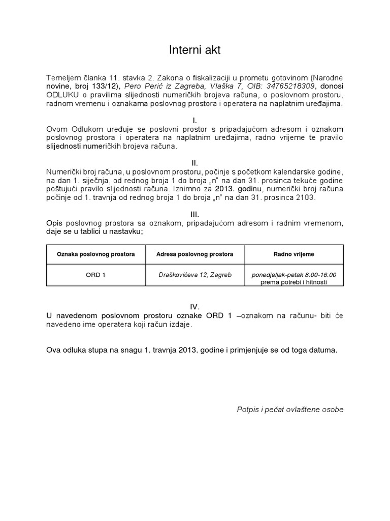 Interni Akt-Primjer Fiskalizacija | PDF