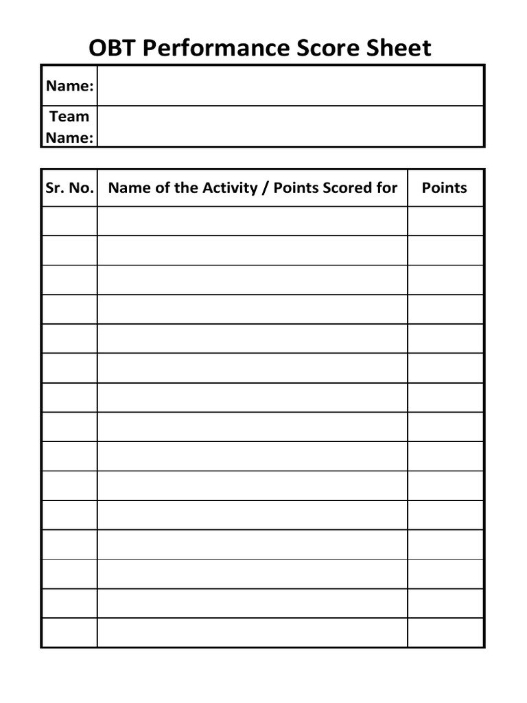 OBT Performance Score Sheet: Name: Team Name | PDF