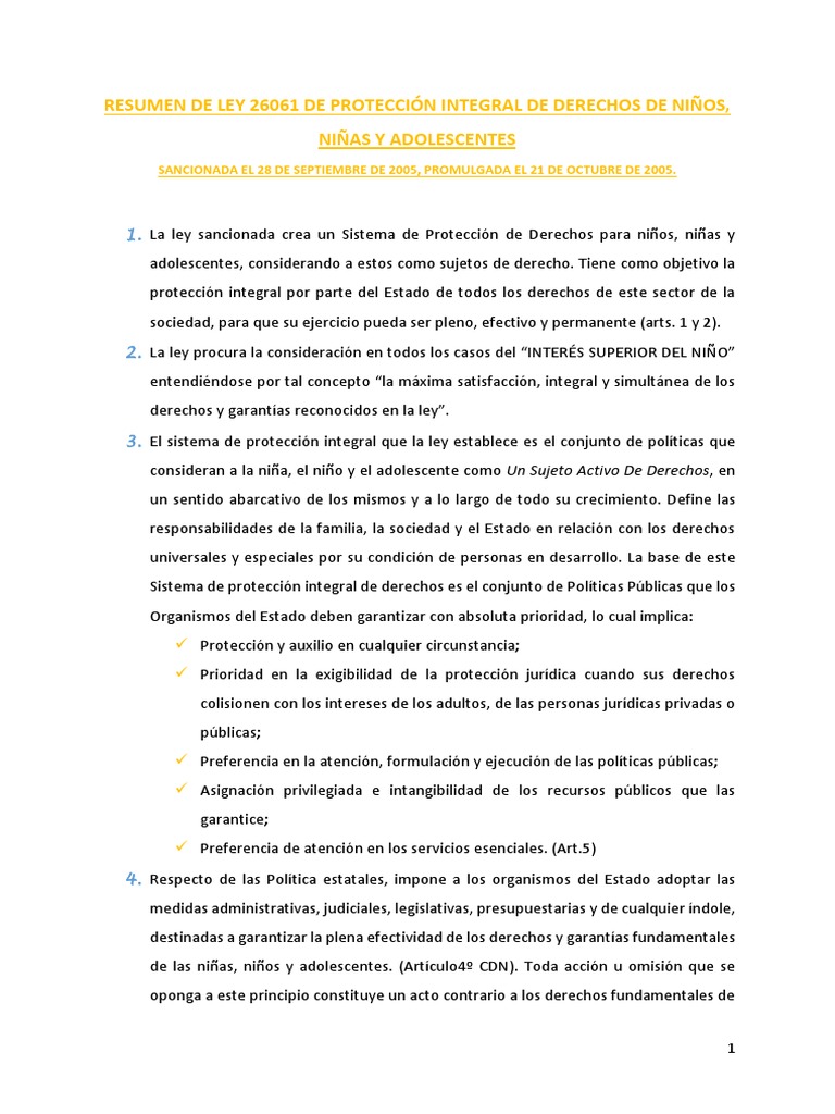 Resumen de LEY 26061 de Protección Integral de Derechos de Niños | PDF | Derecho penal ...