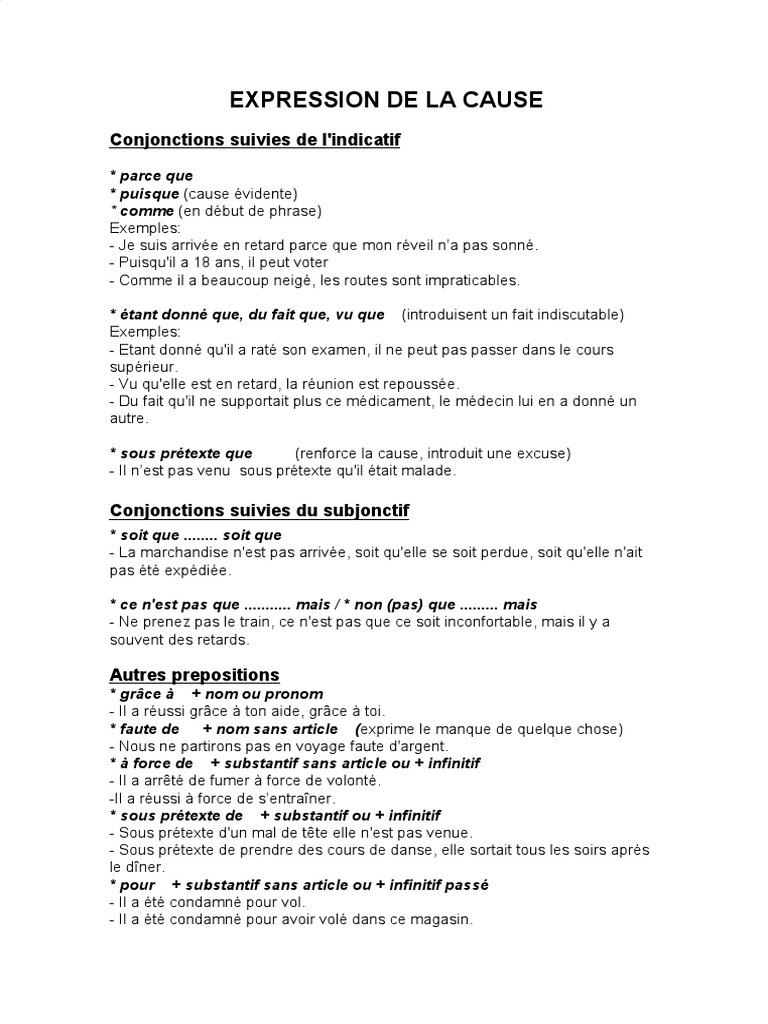 Expressions de la cause en français | PDF | Typologie linguistique ...