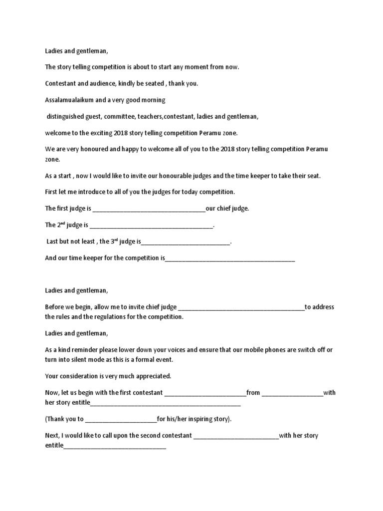 Scripts For Master of Ceremony of The Story Telling Competition | PDF