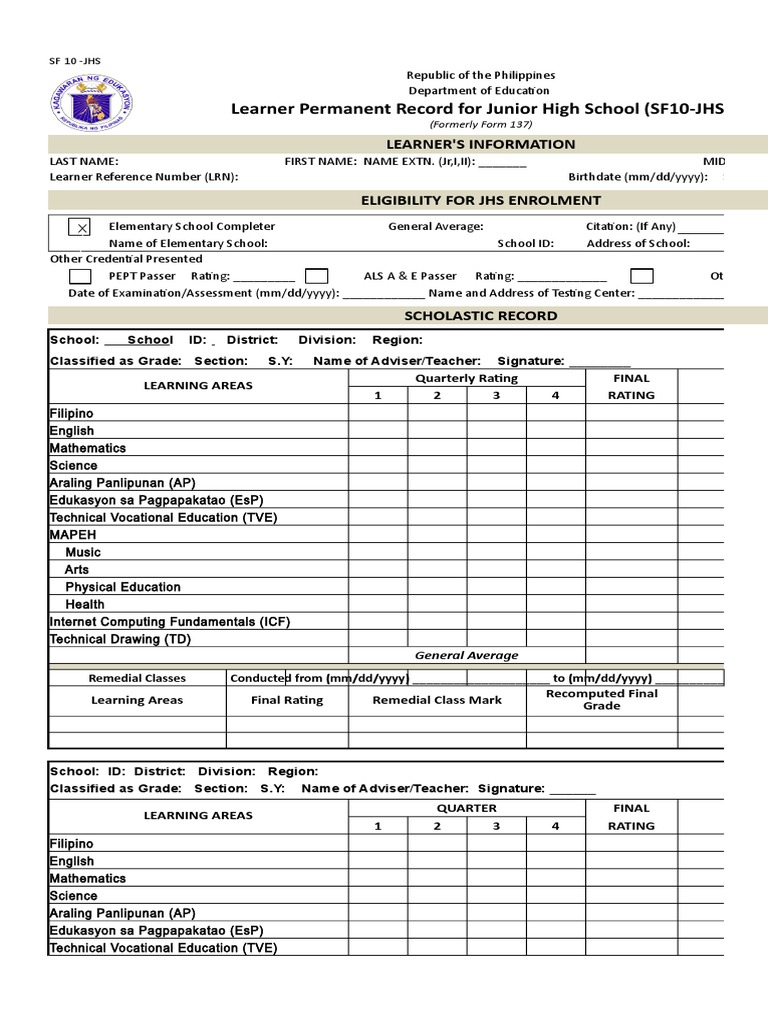 Learner Permanent Record For Junior High School (SF10-JHS) | PDF ...