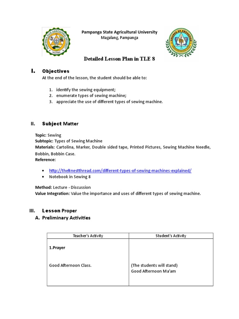 Types of Sewing Machines Lesson Plan | PDF | Sewing | Sewing Machine