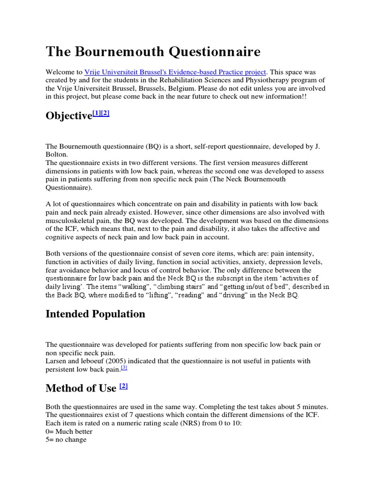 The Bournemouth Questionnaire | PDF | Validity (Statistics) | Pain