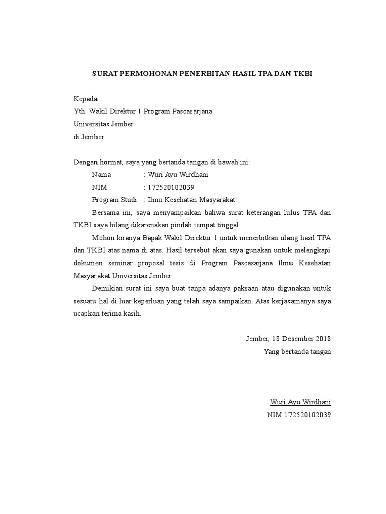 Surat Permohonan Penerbitan Hasil Tpa Dan Tkbi | PDF