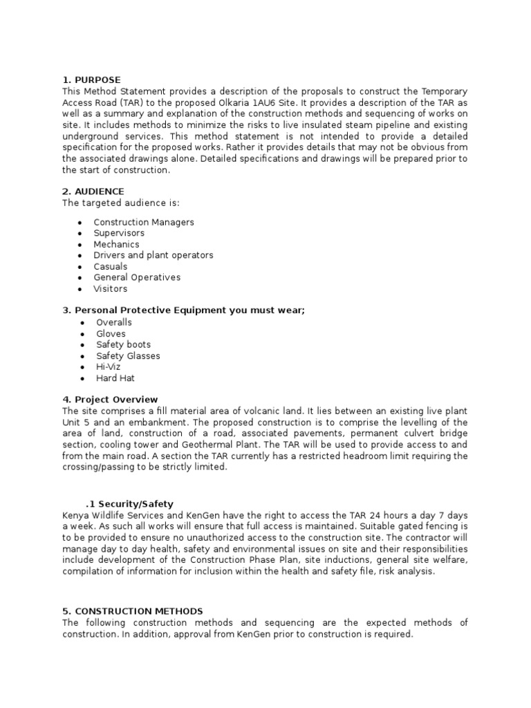 Method Statement Temporary Access Road | PDF | Road | Traffic