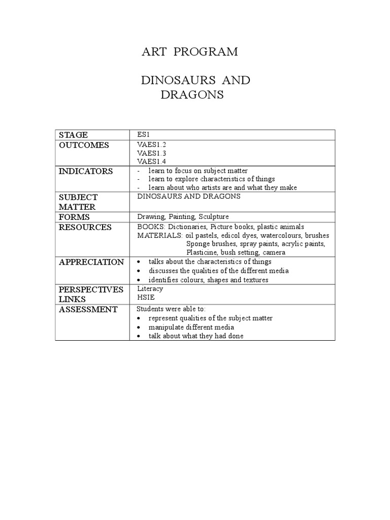 Art Program Es1 Dinosaurs and Dragons | PDF | Paintings | Drawing
