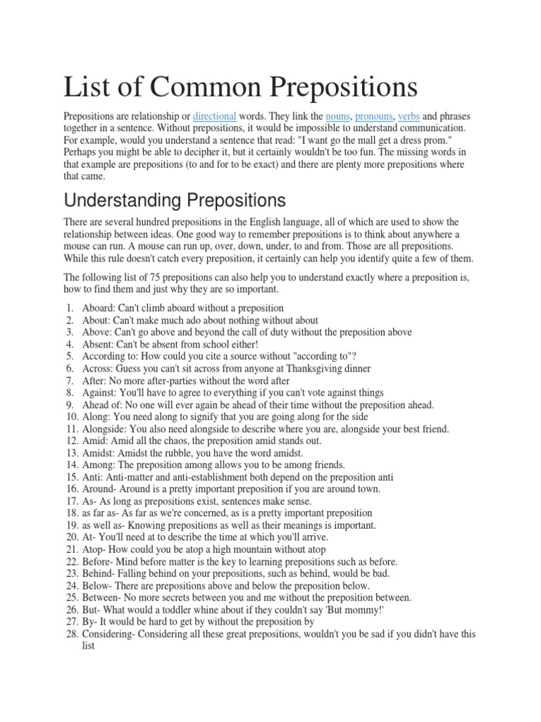 List of Common Prepositions | PDF | Preposition And Postposition | Part ...