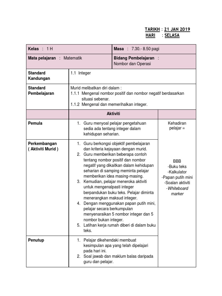 Contoh RPH Matematik Tingkatan 1,2,3 | PDF