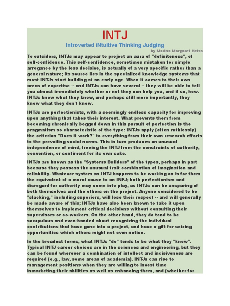 Introverted Intuitive Thinking Judging: by Marina Margaret Heiss | PDF | Intuition | Thought