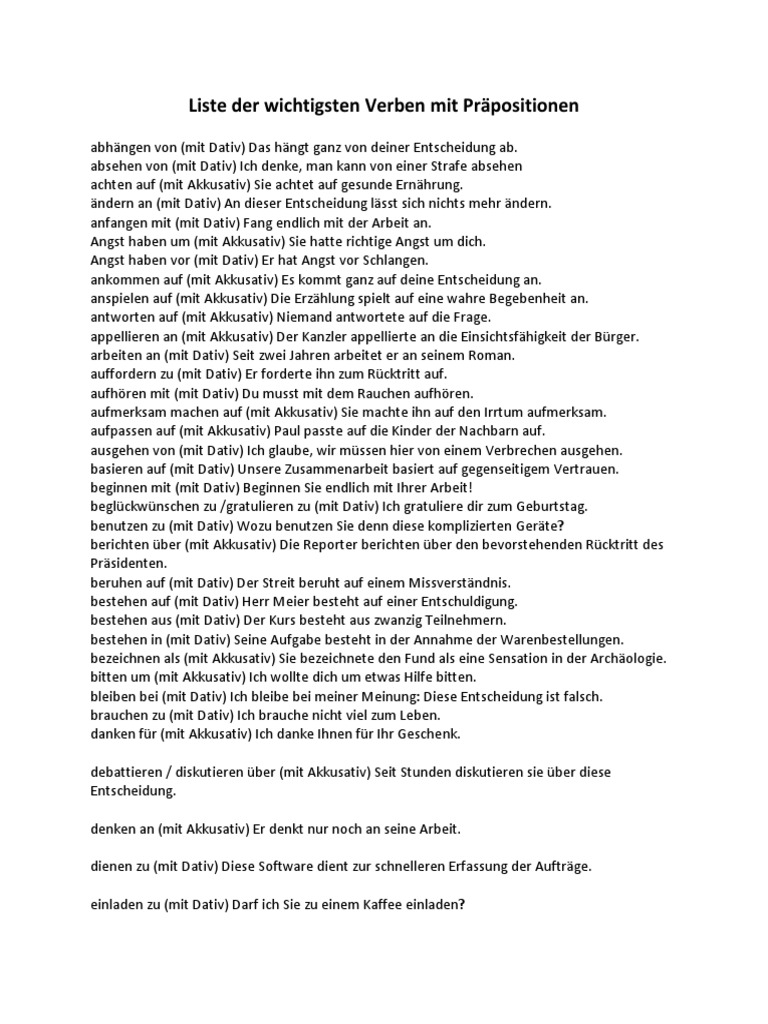 Liste Der Wichtigsten Verben Mit Präpositionen | PDF